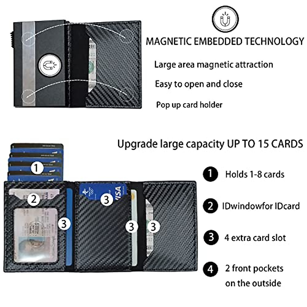 Pop Up Wallet Smart Wallet For Men,Stealth RFID Blocking Mens Credit Card Holder,Aluminum Trifold Leather Wallets With ID Window,Front Pocket Compact Wallet For Men And Women(Carbon Fiber Black)