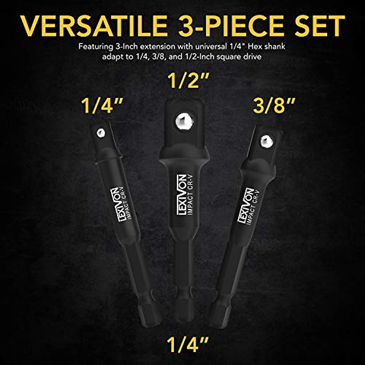 LEXIVON [2-Pack] Impact Grade Socket Adapter Set, 3" Extension Bit With Holder | 3-Piece 1/4", 3/8", and 1/2" Drive, Adapt Your Power Drill To High Torque Impact Wrench (LX-101X2)