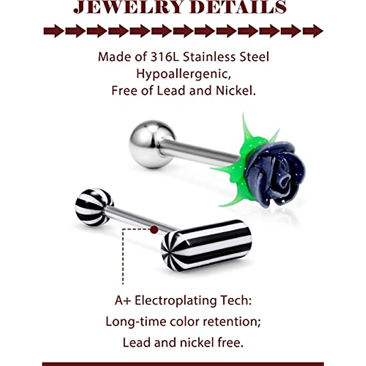 Prjndjw 14G Tongue Rings Surgical steel tongue piercing jewelry 5/8 inch 16mm Skull Heart Flower T Shape Koosh Spiky Silicone Soft Spike Ball Door Knocker Tongue Ring Body Piercing Jewelry Retainer