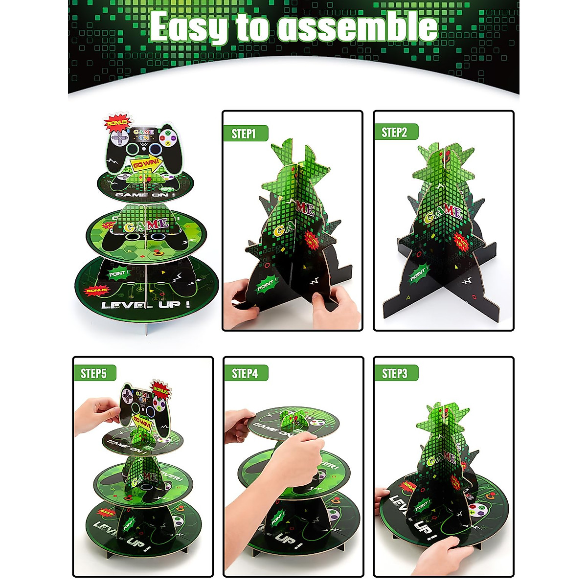 WERNNSAI Video Game Cupcake Stand - 3-Tier Gaming Party Decorations for Boys Cardboard Cupcake Holder Round Serving Tray Stand Dessert Tower Video Game Theme Birthday Party Supplies