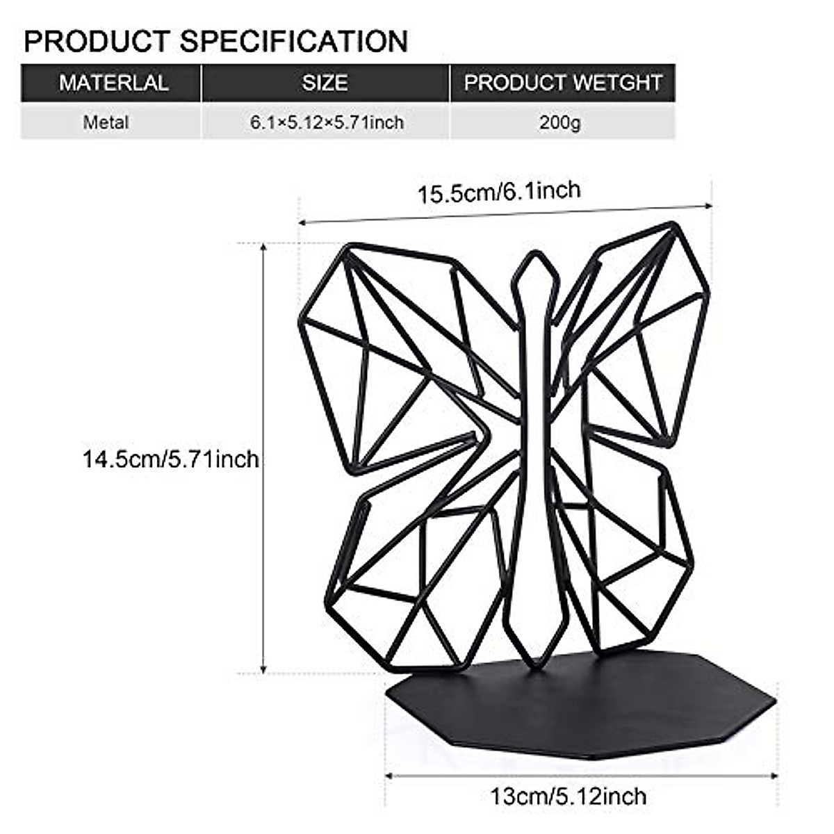 Alsonerbay Bookends Geometric Decorative Metal Book Stoppers Abstract Creative Book Supports, Book Holders for Shelves, Butterfly Book Ends for Office 1 Pair (Black)