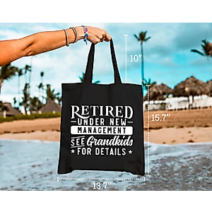 GXVUIS Retired Under New Management Canvas Tote Bag for Women Reusable Eco-Friendly Grocery Shopping Bags Retirement Gifts Black