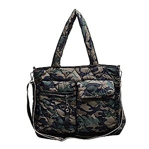 AZURAOKEY Puffer Tote Bag for Women, Autumn Winter Down Padded Shoulder Bags Large Capacity Casual Quilted Shoulder Bags Zipper Pocket Cotton Pouch for Shopping-Camouflage