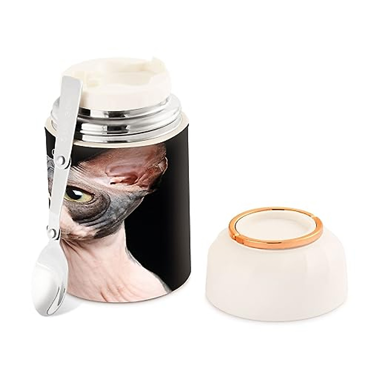 CUPADA Vivid Hairless Cat Food Jar, Cute Kitten Insulated Hot Food Jars Vacuum 17OZ with Folding Spoon for Work Trip Picnic Camping