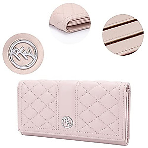 Felomdep Womens Wallet Medium Size Trifold Rfid Blocking Soft PU Leather Large Capacity Long Pink Shopping Wallet For Lady Travel Document Accessories Holder For Passport,Credit Card,Vaccine Card etc