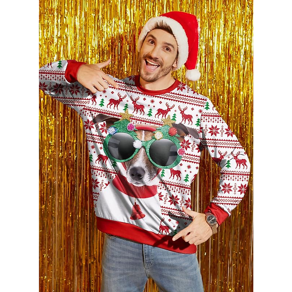 Arvilhill Christmas Mens 3D Printed Party Funny Xmas Sweater Ugly Holiday Long Sleeve Sweatshirt Sunglasses Dog L