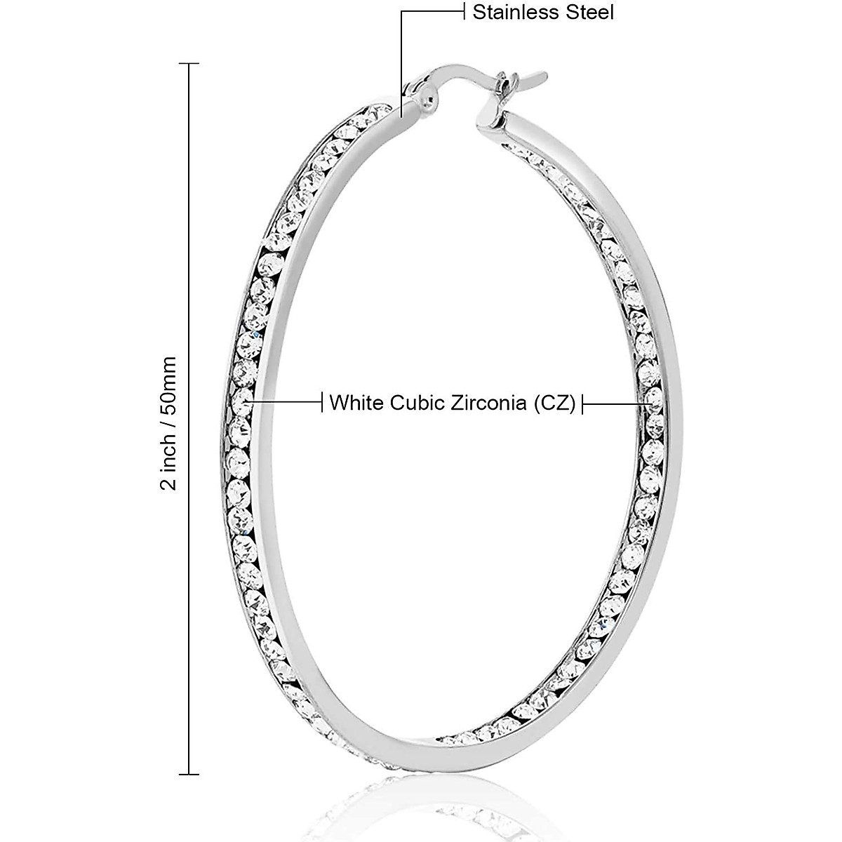 Women's Stainless Steel 2 Inch Inside-Out Crystal Cz Large Big Hoop Earrings Rhinestone Silver Tone Pierced Ladies Cubic Zirconia Hoop Earrings Hypoallergenic for Sensitive Ears