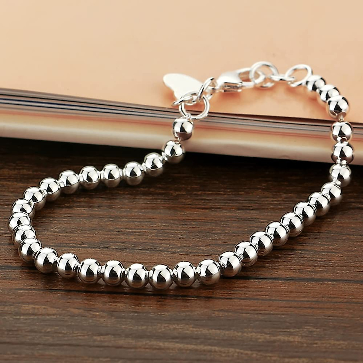 Meilanduo 925 Sterling Silver Women's 4MM-6MM Italian Bead Ball Chain Bracelet, Handmade Bead Italian Bracelet, Lobster Claw Clasp - Sizes 5.1" to 8.3" Inch - (Silver-Tone, 4mm 7.5")