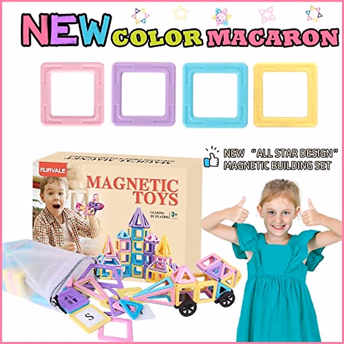 Rurvale 100Pcs Magnetic Blocks, Magnet Toys for 3 4 5 6 7 8 Year Old Boys Girls, Magnetic Tiles, Learning Educational STEM Toys for Toddlers 3-5, 4-8, Building Blocks for Kids Ages 3+ Birthday Gifts