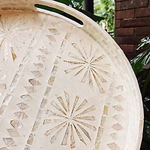 i-lan 18inch Mother of Pearl Decorative Round Kitchen Table Serving Trays- Décor White Mother of Pearl Inlay Coffee Table Tray with Handles for Display,Food, Catering, Catchall, XXL