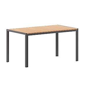 Flash Furniture Finch Commercial Grade Outdoor Dining Table 55" x 31" with Faux Teak Poly Slats and Metal Frame, Natural/Gray
