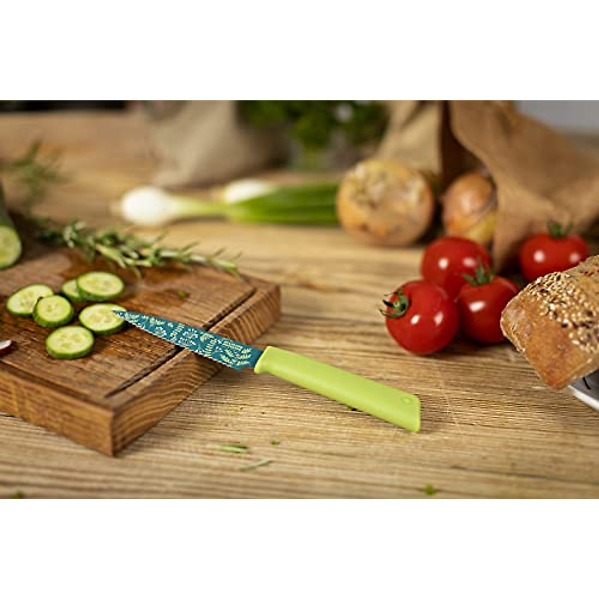 KUHN RIKON 22767 Colori+ Non-Stick Serrated Paring Knife with Safety Sheath, 19 cm, Herb