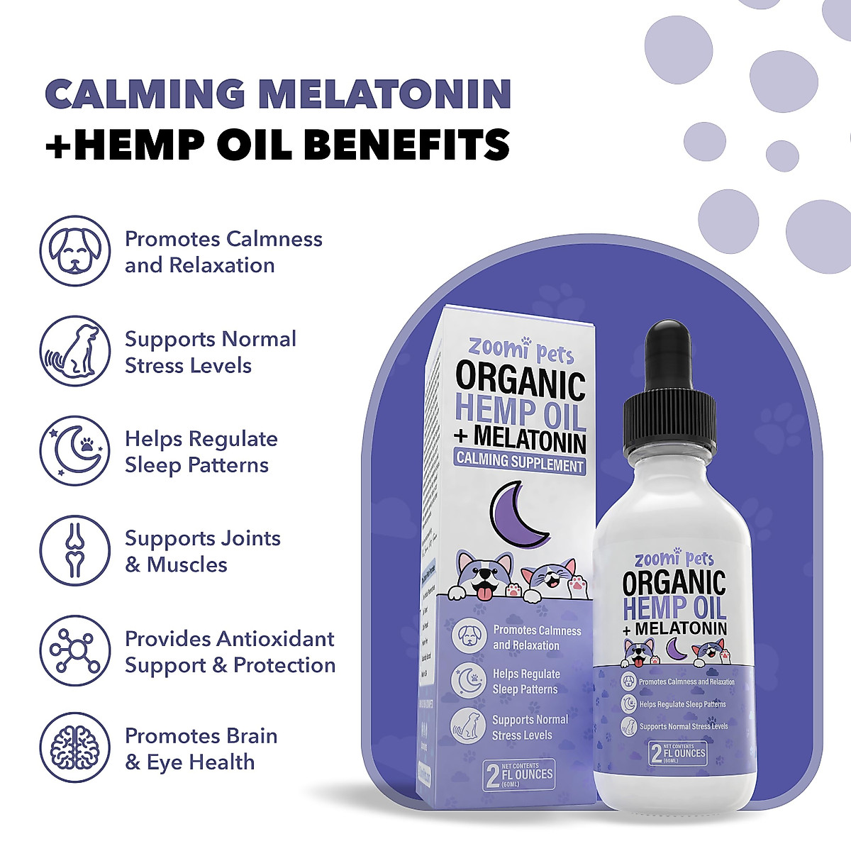 Zoomi Pets Melatonin + Organic Calming Hemp Oil for Dogs Anxiety and Stress Relief - Calming Drops Pet Hemp Oil for Dogs & Cats - Hip and Joint Support Supplement for Dogs Pain Management (2oz)