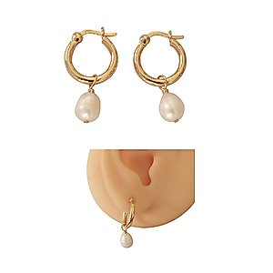 Yellow Gold Plated over Sterling Silver 8x7mm Oval Pearl 14mm Hoop Earrings for women - Small Dainty Hoops | Handmade by MiYa Jewelry creations