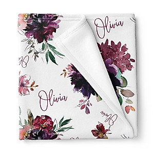 Stork Wares Violet Burgundy Floral Personalized Baby Girl Swaddle Blanket, White, 30x40', (BB336)