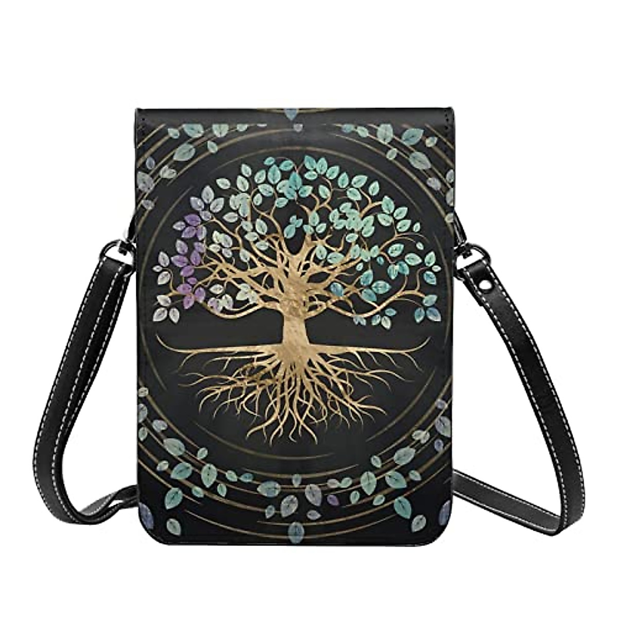 SKETVNHR Life Tree Yggdrasil Small Crossbody Cell Phone Purse for Women Soft Leather Fashion Travel Wallet with Adjustable Strap, Black