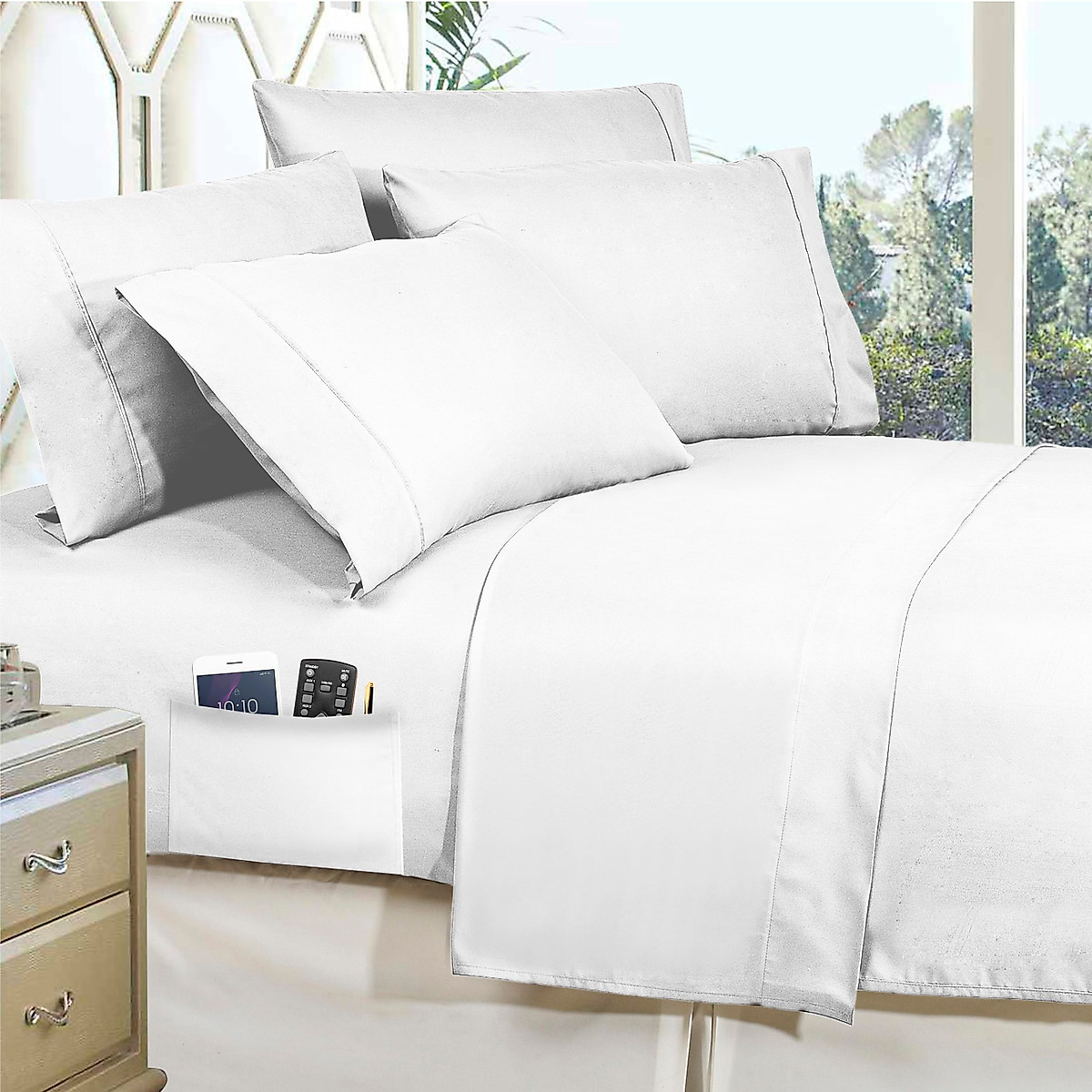 Elegant Comfort 8-Piece Pinch Pleated Comforter Set - All Season Complete Bed in a Bag, Includes 4pc Smart Sheet Set, Bed Skirt, Comforter, Matching Pillowcases and Shams, Full/Queen, White