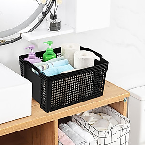 Begale 12 Pack Large Plastic Storage Baskets Organizer, Black Stacking Storage Basket Bin for Pantry, Shelves