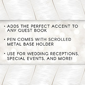 Darice White Feather Pen with Decorative Base Holder – Black Ink Ballpoint Quill Pen with Gold Metal Antique Base – Add an Elegant Touch to Weddings, Special Events and More
