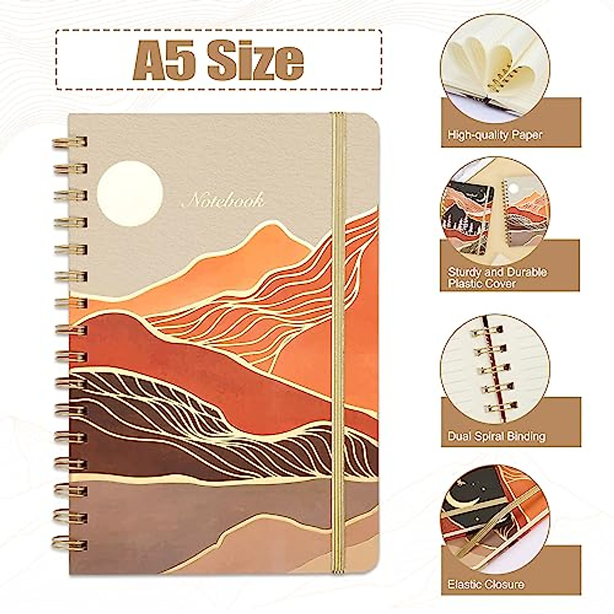 EOOUT 2 Pack Spiral Notebook Journals for Women, A5 Size 5.7x 8.5 Inches College Ruled Hardcover Spiral Journal, 160 Pages 2 Abstract Sun and Moon Design Back Pocket, for Office School Supplies Gifts