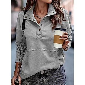 SHEWIN Sweatshirt For Women Loose Fit Casual Button V Neck Solid Lightweight Pullover Sweatshirts Long Sleeve Fall Tops with Pocket,US 8-10(M),Grey