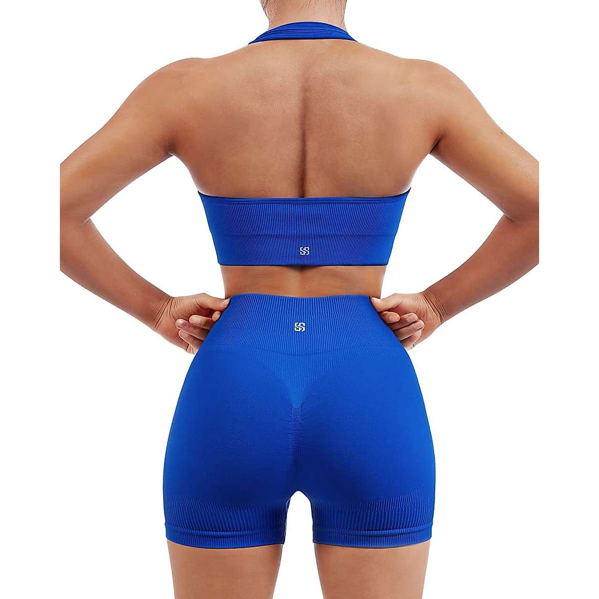 SUUKSESS Women Two Piece Seamless Ribbed Workout Sets Outfits Backless Halter Sports Bra Booty Biker Shorts (Royal Blue, M)
