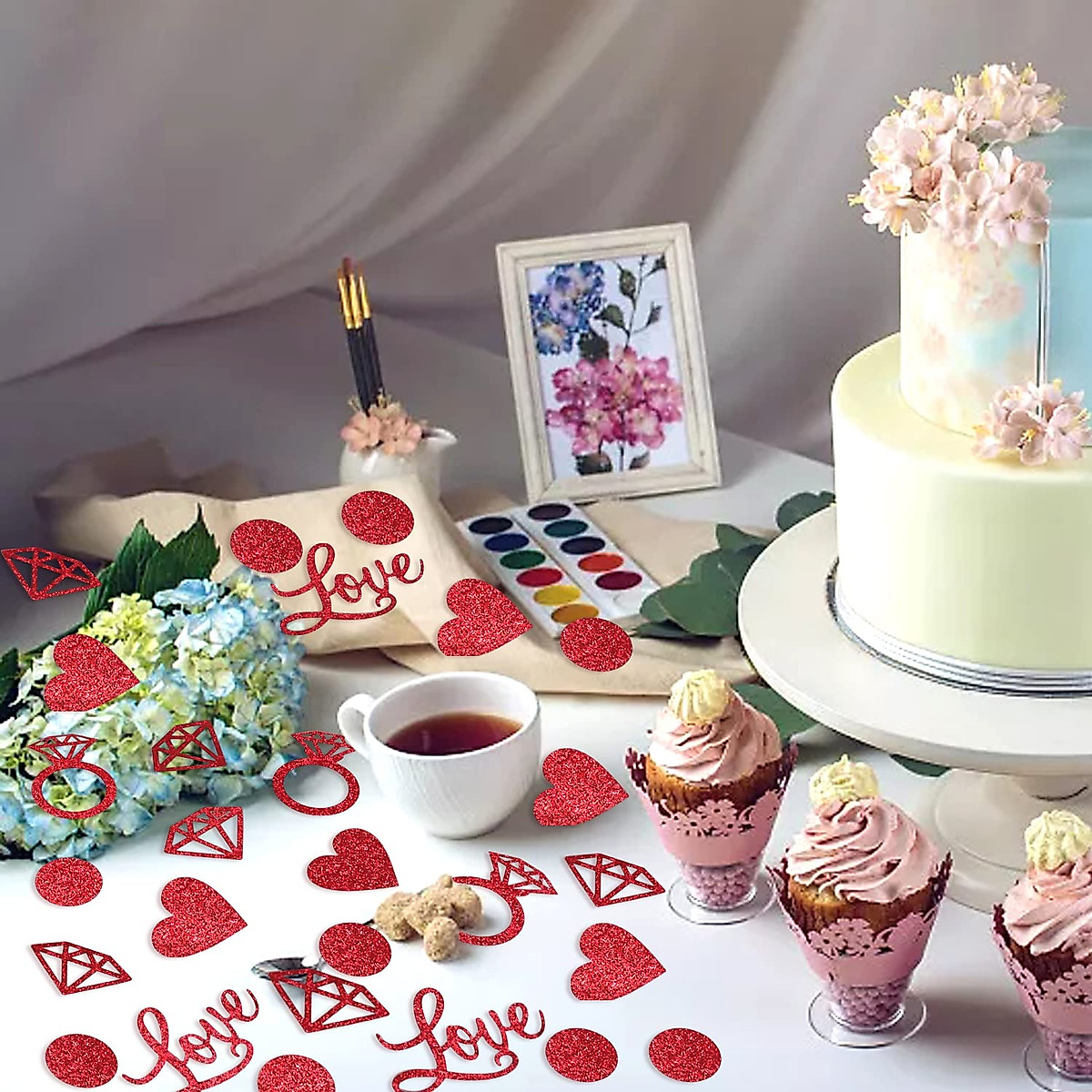 Honbay 100PCS Red Love Heart Fing Ring Table Confetti Party Decorations for Wedding Engagement Anniversary Bachelorette Bridal Shower Birthday Party