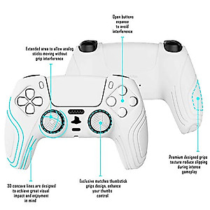 eXtremeRate PlayVital Samurai Edition White Anti-Slip Controller Grip Silicone Skin for ps5, Ergonomic Soft Rubber Protective Case for ps5 Controller with White Thumb Stick Caps