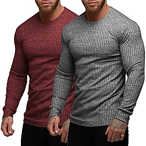 COOFANDY Men's 2 Pack Gym Muscle Shirt Long Sleeve Stretch Ribbed Workout Tee Bodybuilding Hiking Running Training Fitness Tops (Wine Red/Dark Grey, XL)