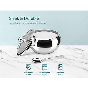KooK Large Stainless Steel Sugar Bowl with Lid and Spoon, Serving Dish, Clear Glass Lid, Storage for Salt, Candy, Coffee, Holds 2 Cups, Dishwasher Safe, 16 oz (Stainless Steel)