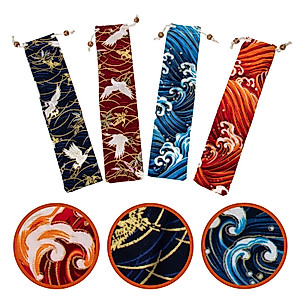 Cabilock Straw Purse 4Pcs Japanese Wave Silverware Holder Chopstick Sleeve Cutlery Pouch Drawsrtings Storage Bag Knife Fork Covers for Fans Tableware Party Favors Hand Fan Protector Pouch