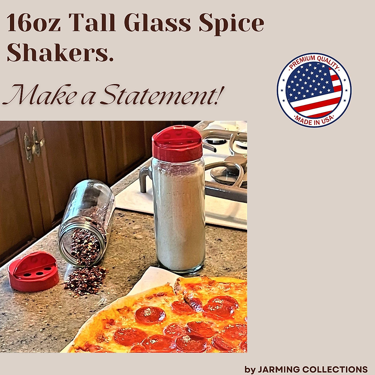 Premium Glass Spice Shakers - 16 oz Versatile Seasoning and Spice Dispenser with Sifting Lids for Popcorn, Cheese, Cinnamon, and Salt, Made in USA by JARMING COLLECTIONS