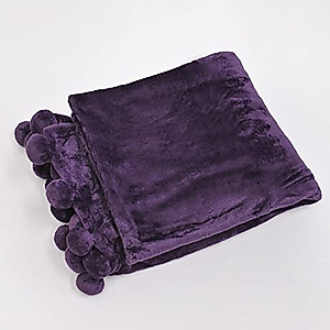BYTIDE Pom Pom Throw Blankets Couch Cover Flannel Fleece Throw with Pompom Fringe Tassels, Plush Fluffy Cozy Warm Soft Lightweight Throw for Couch Sofa Bed Chair, 60" x 80", Dark Purple