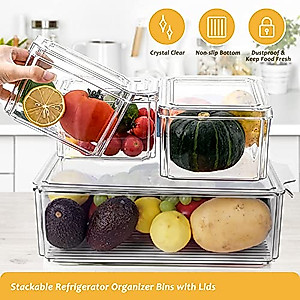 ZNM Refrigerator Organizer Bins, Stackable Fridge Organizer for Pantry Organization, Clear Plastic Storage Bins with Handle & Lid for Freezer, Kitchen, Countertops, Cabinets- BPA Free(Set of 9)