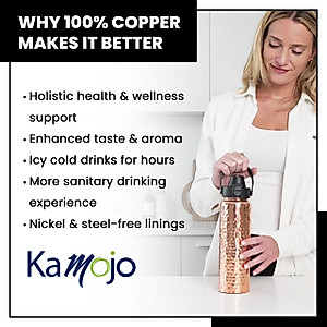 Copper Water Bottle for Drinking - Hammered Pure Copper Water Bottle with Push Button Lid, Removable Sleeve & Copper Straw - Handcrafted Water Bottle Copper Cup 32 fl oz