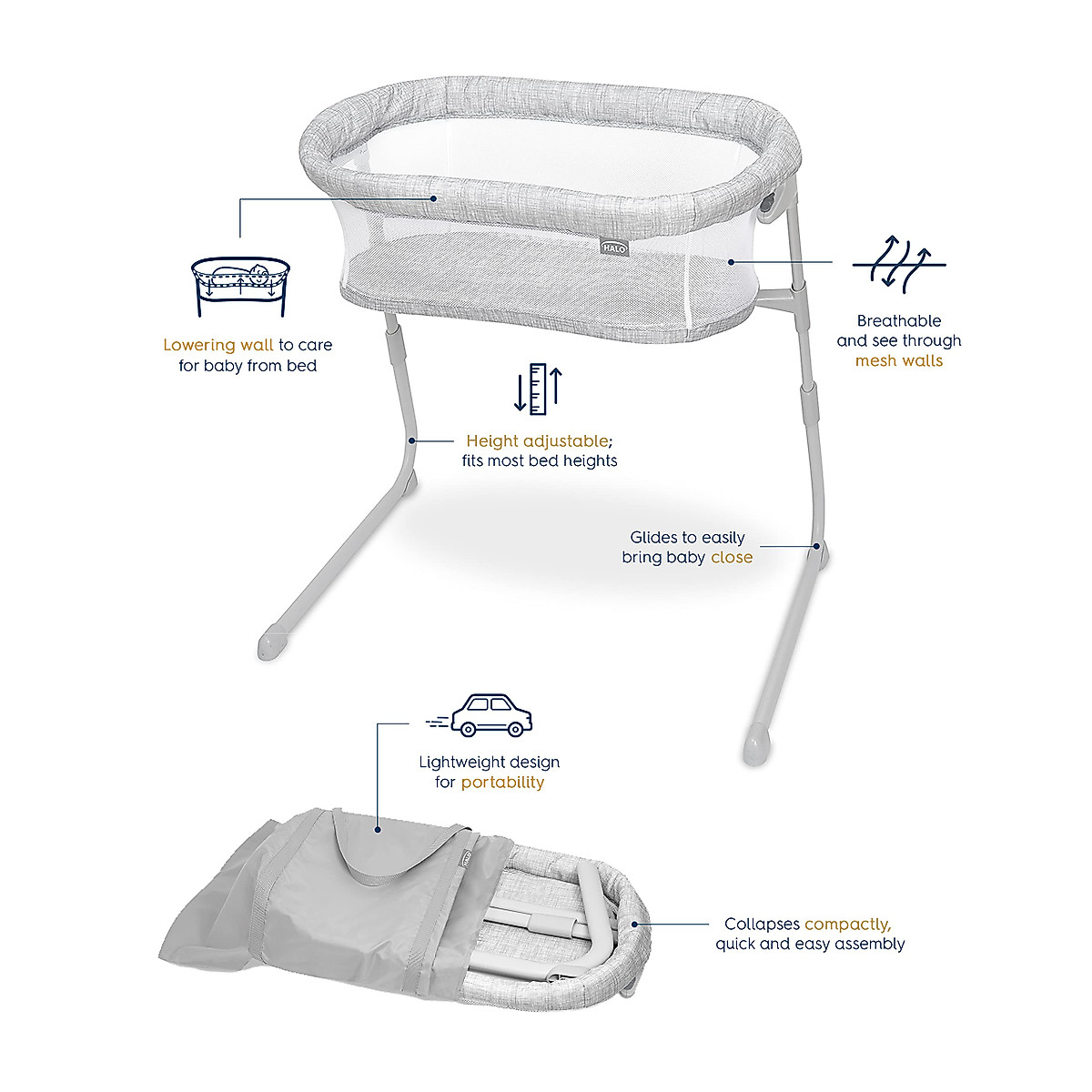 HALO Baby Flex BassiNest, Adjustable Travel Bassinet, Easy Folding, Lightweight with Mattress and Carrying Bag