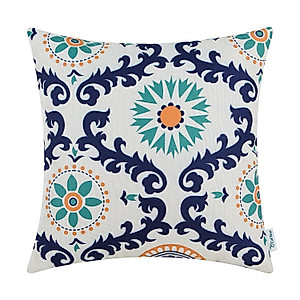 CaliTime Canvas Throw Pillow Cover Case for Couch Sofa Home Decoration Three-Tone Dahlia Floral Compass Geometric 20 X 20 Inches Navy/Teal/Orange