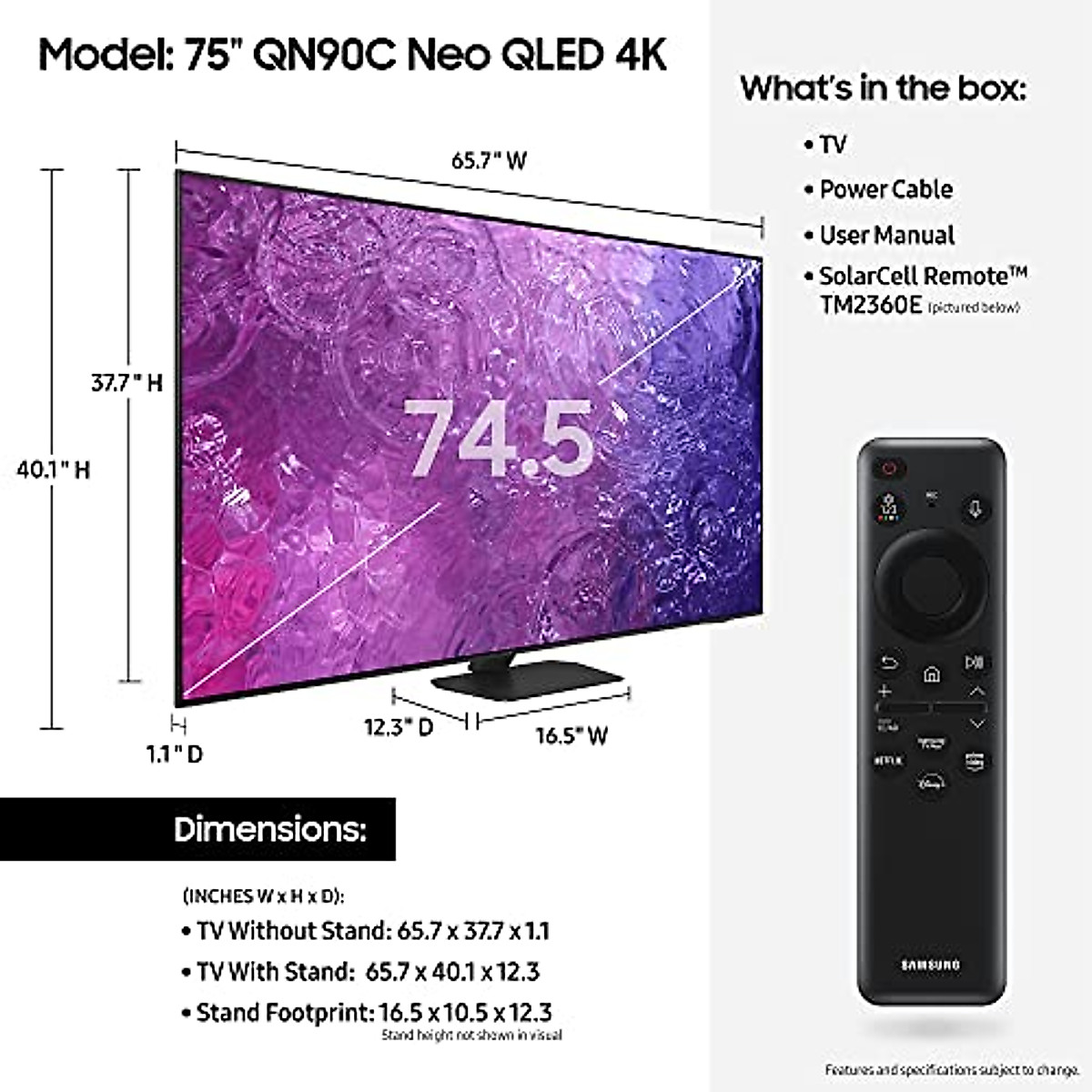SAMSUNG 75-Inch Class Neo QLED 4K QN90C Series Quantum HDR+, Dolby Atmos, Object Tracking Sound+, Anti-Glare, Gaming Hub, Q-Symphony, Smart TV with Alexa Built-in (QN75QN90C, 2023 Model)