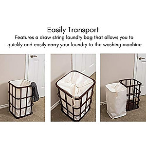 BirdRock Home Modern Square Laundry Hamper and Removable Laundry Bag - Dark Brown Bamboo - Easily Transport Laundry - Baby Dirty Clothes Bin Sorter Basket - Laundry Bag with Draw String