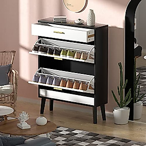 Visionwards Shoe Cabinet, Free Standing Shoe Storage Cabinet, Tipping Bucket Shoe Cabinets with 2 Flip Drawers, Hidden Narrow Shoe Rack Cabinet Storage Organizer for Entryway, Black