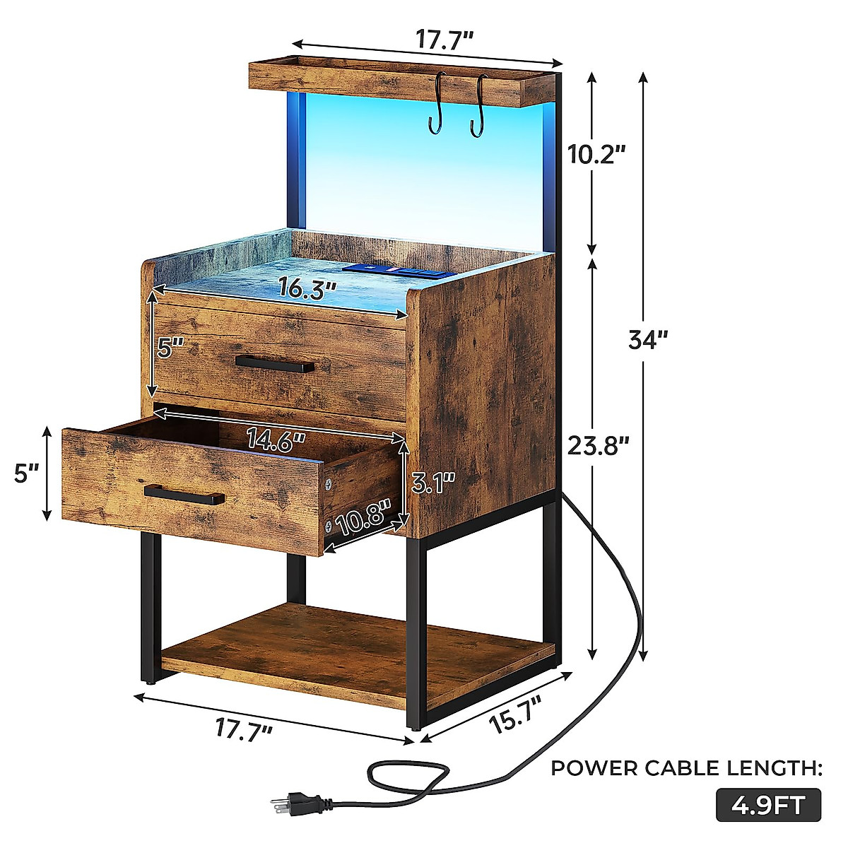 VIAGDO Nightstands Set of 2 with Charging Station, LED Night Stand with 2 Drawers, Rustic Brown Modern Bedside Tables with Open Storage Shelves, End Side Tables for Bedroom, Office
