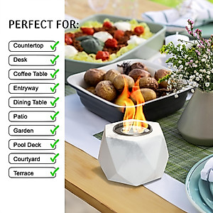 Hexagonal Concrete Tabletop Fire Pit - Indoor/Outdoor Smokeless Fire Pit with 2 Stainless Steel Chambers Burns Rubbing Alcohol, Bio Ethanol Fuels - Table Top Fire Pit Bowl/Mini Tabletop Fireplace