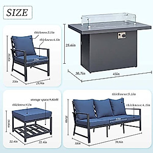 NICESOUL Outdoor Aluminum Furniture with Firepit Patio Conversation Sets with 43" Propane Fire Pit Table Luxury Sectional Sofa Set with Blue Cushions for Yard Pool Garden