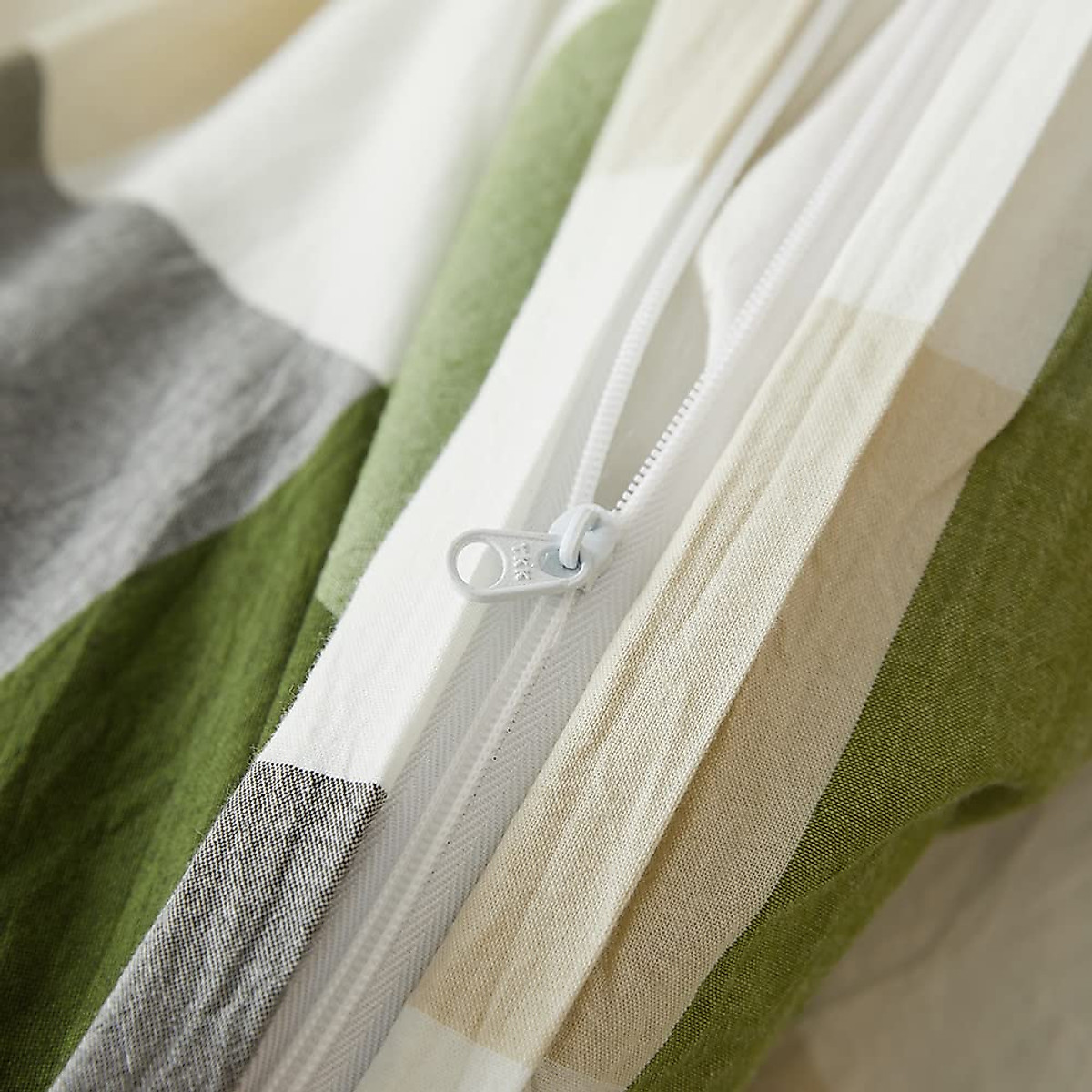 DONEUS 100% Washed Cotton Duvet Cover Queen Size - Green White Plaid Duvet Cover for All Seasons - 3 Pieces Linen Like Soft Comfy Duvet Cover Set with 2 Pillow Shams (Green, Queen, 90"x90")