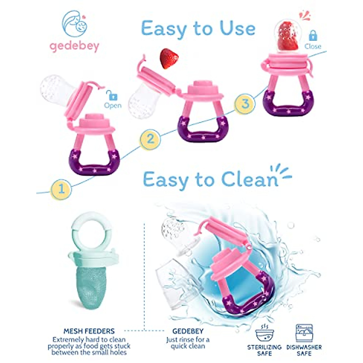 Gedebey Baby Fruit Feeder Pacifier - 3 Pack | 2 Silicone Baby Feeder Pacifiers & 1 Baby Feeding Spoon | Frozen Fruit Teether | Forage Feeder | Food Pacifier for Babies | Baby Food Spoon (Pink)