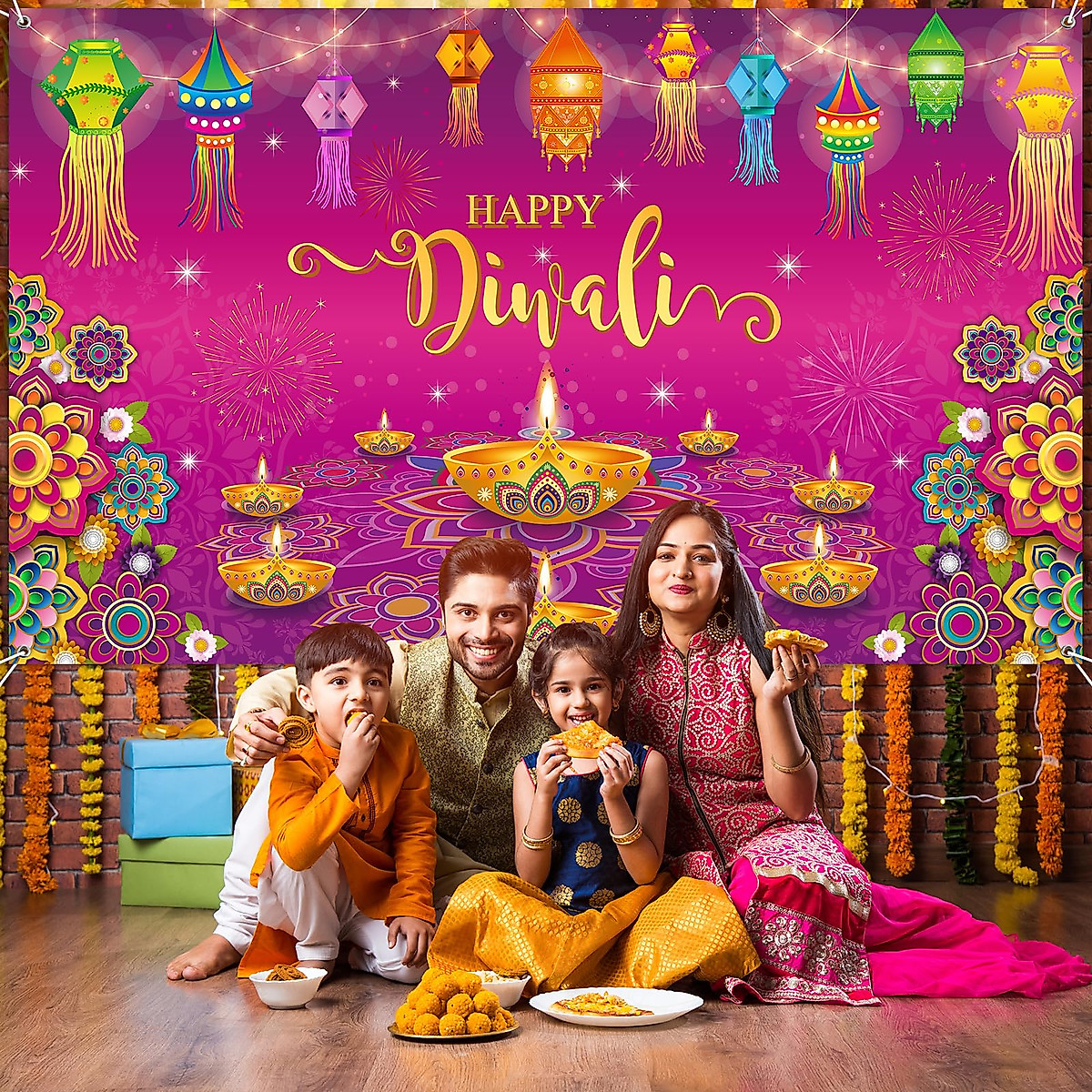 Happy Diwali Backdrop Banner Decorations, Indian Diwali Backdrop Decorations for Home Wall Hanging, Diwali Photo Booth Props Background Banner for Light Celebration Festival Party Supplies, 43x73 Inch