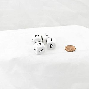 Wondertrail White Opaque Dice with Black Numbers D3 (D6 1-3 Twice) 16mm (5/8 inch) Pack of 4