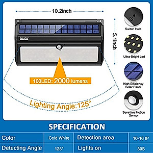 BAXIA TECHNOLOGY Solar Lights Outdoor Waterproof, 100 LED Solar Motion Sensor Lights with Wide Angle Super Bright Security Solar Wall Lights for Garden, Fence, Front Door, Yard, [2 Pack]