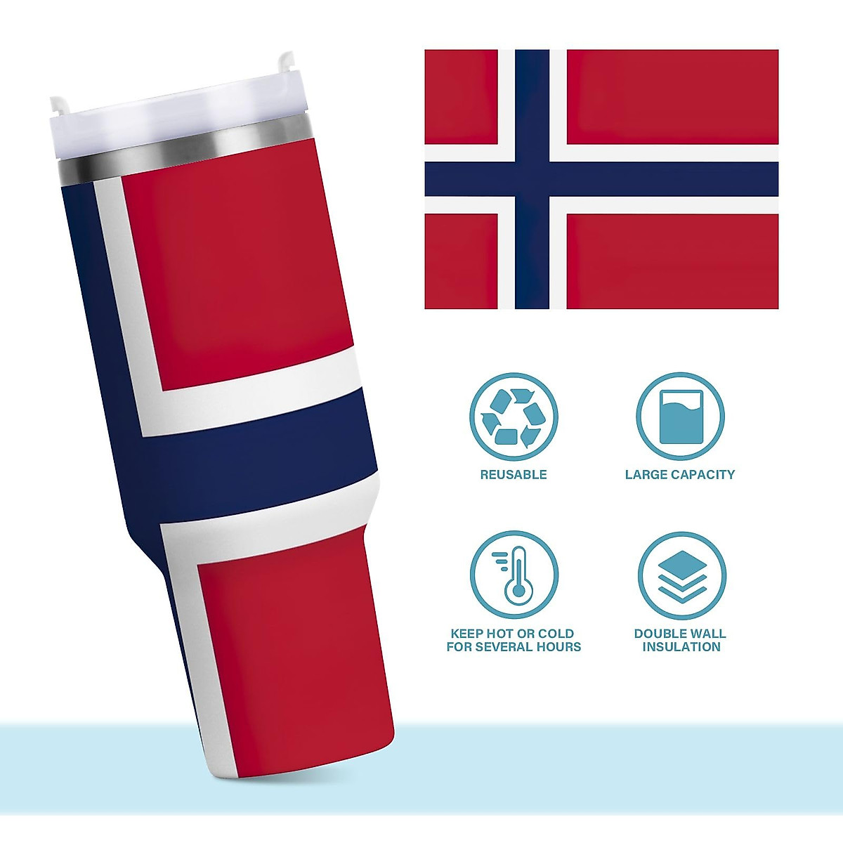 ODAWA Large Norway Flag Stainless Steel Insulated Tumblers with Handle and Straw Travel Insulated Tumblers