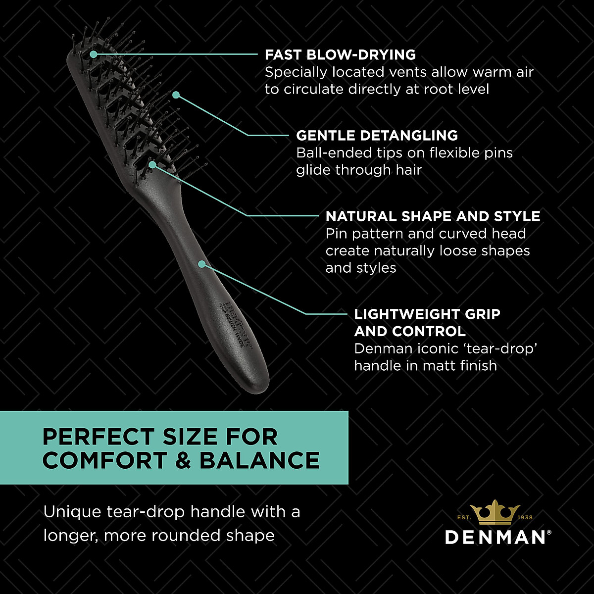 Denman Flexible Vent Brush D200 - Detangling Brush With Lightweight Grip & Control – Perfect For Styling During Blow-Dry & Detangling Wet & Dry Hair – Black (Pack of 1)
